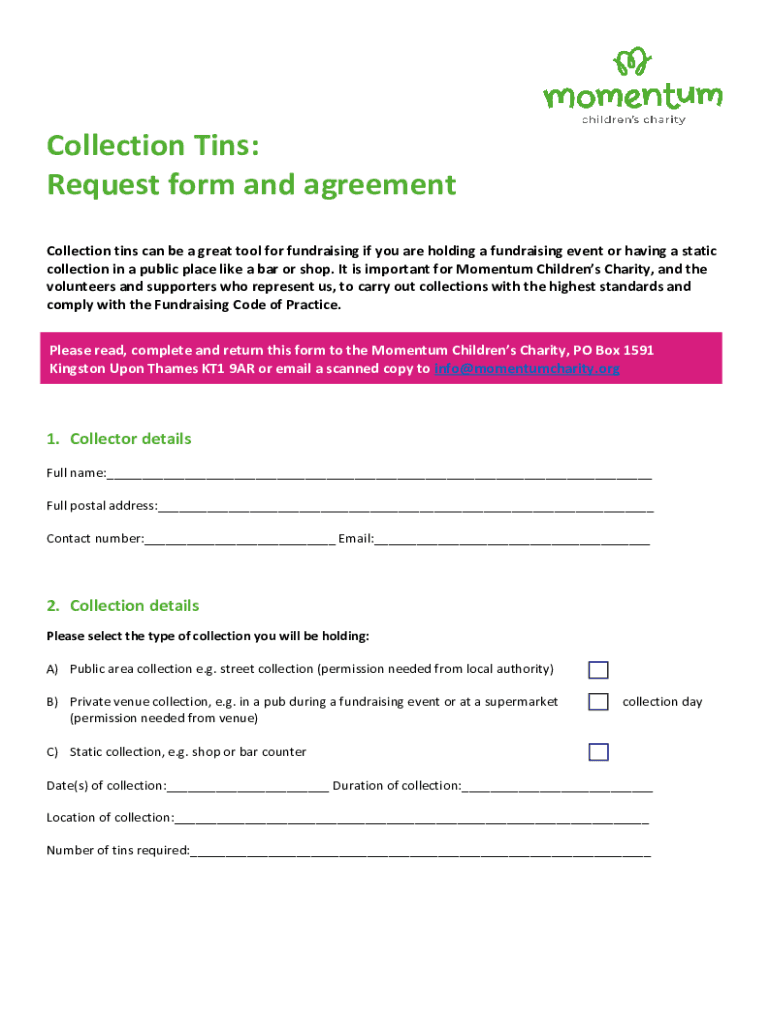 Fillable Online Collection Tins: Request form and agreement Fax Email ...