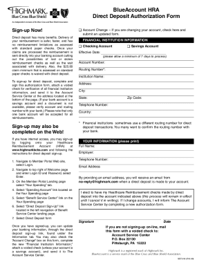Fillable Online BlueAccount HRA Direct Deposit Authorization Form Fax ...