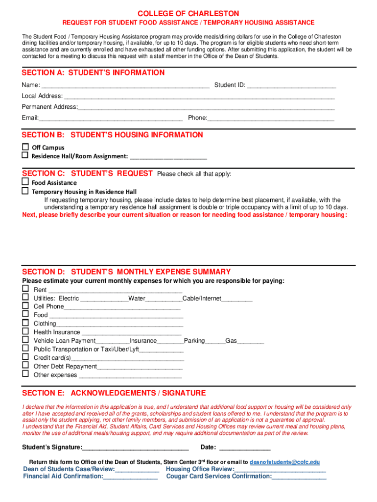 Fillable Online deanofstudents cofc Meal Plans and Dining - Cougar Card - College of Charleston ...