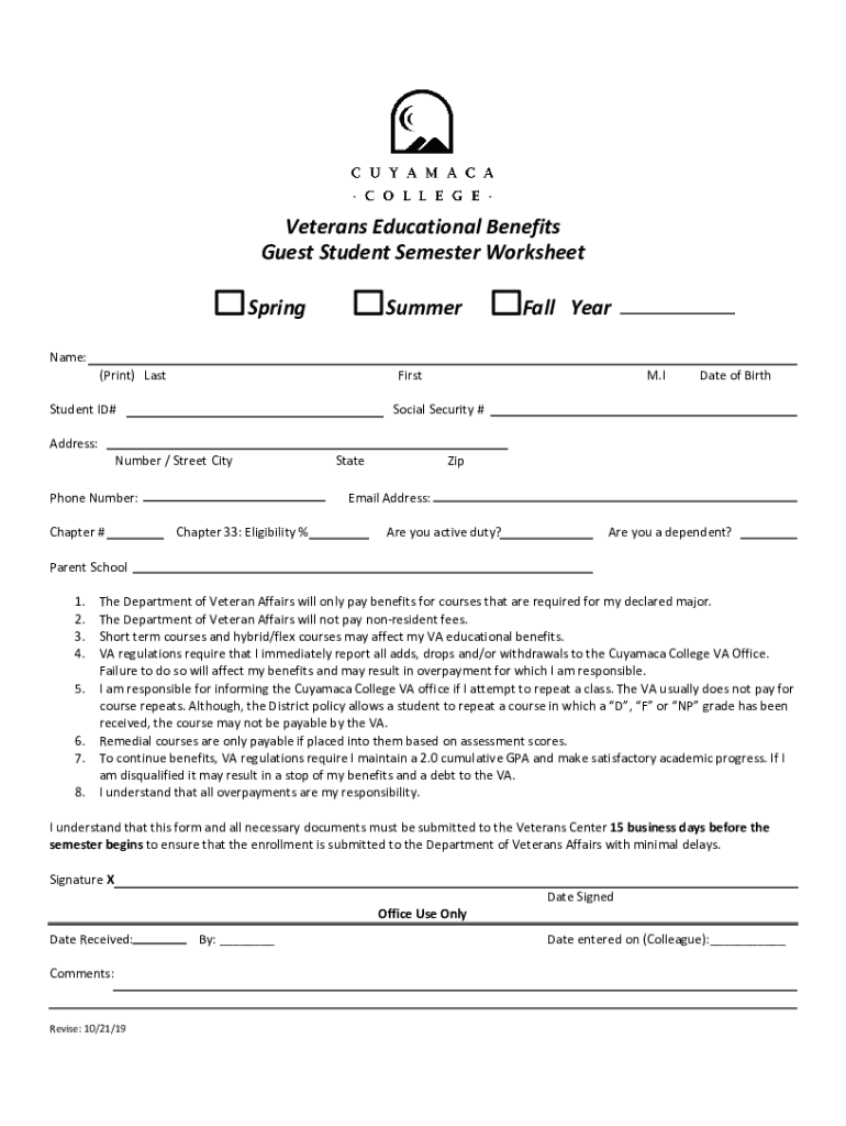 Fillable Online Veteran Services Guest Student Semester Worksheet ... Fax Email Print - pdfFiller
