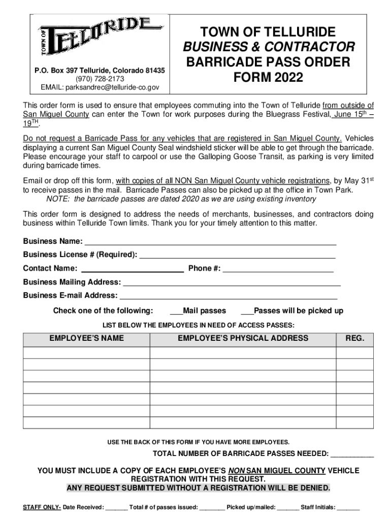 Fillable Online TOWN OF TELLURIDE BUSINESS & CONTRACTOR BARRICADE ...