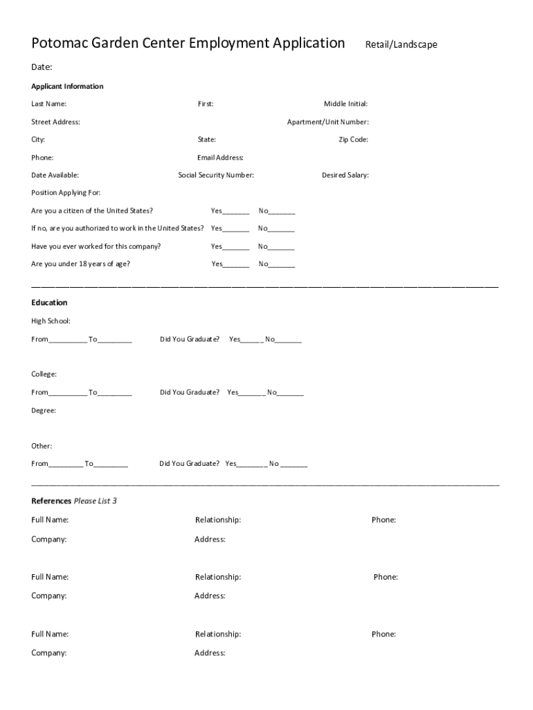 Fillable Online Potomac Garden Center Employment Application Retail/ ... Fax Email Print - pdfFiller