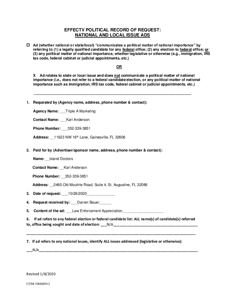Fillable Online EFFECTV POLITICAL RECORD OF REQUEST: NATIONAL ... Fax Email Print - pdfFiller