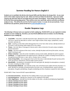Fillable Online Summer Reading for Honors English II Reader Response ... Fax Email Print - pdfFiller