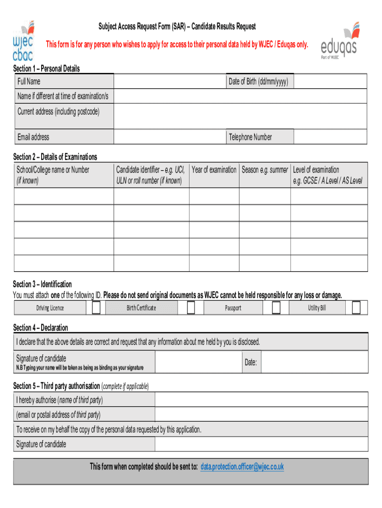 Fillable Online Subject Access Request Form (SAR)Candidate Results ...