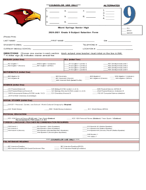 Fillable Online 2020-2021 Grade 9 Subject Selection Form Fax Email ...