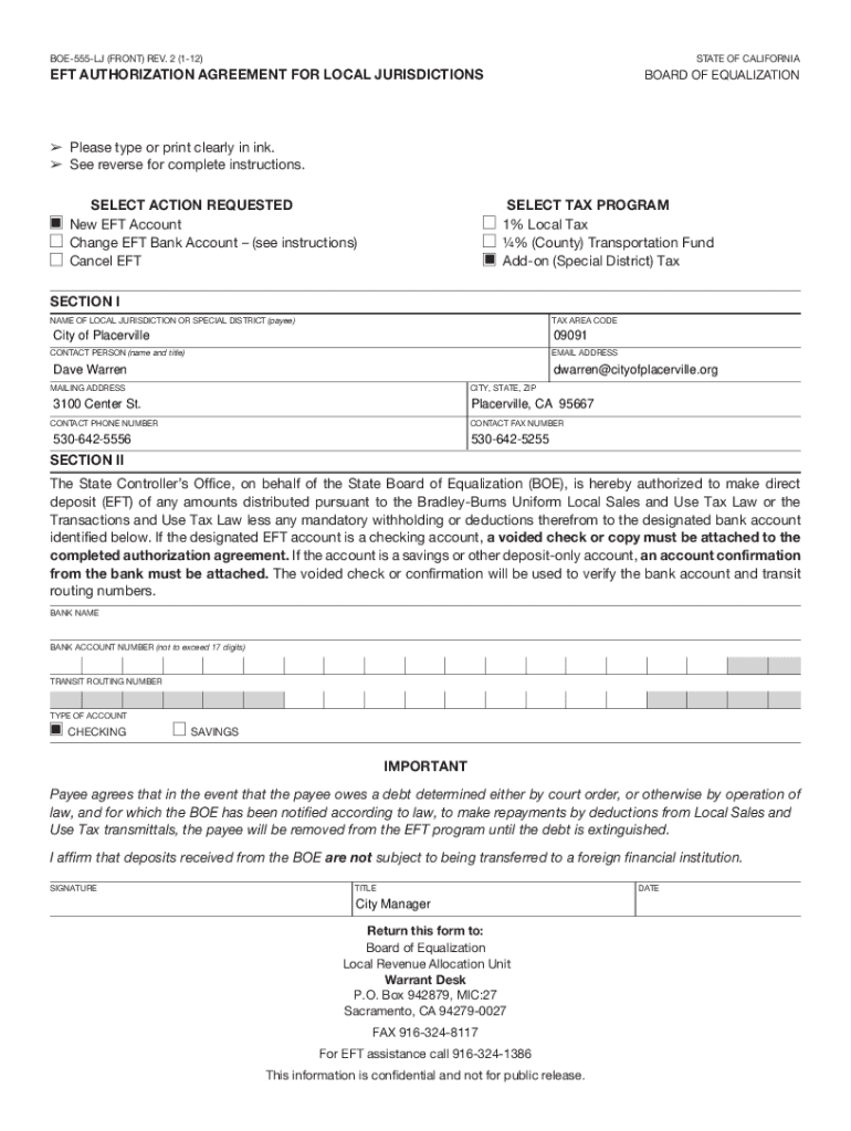 Fillable Online Authorization Agreement For Electronic Funds Transfer ...