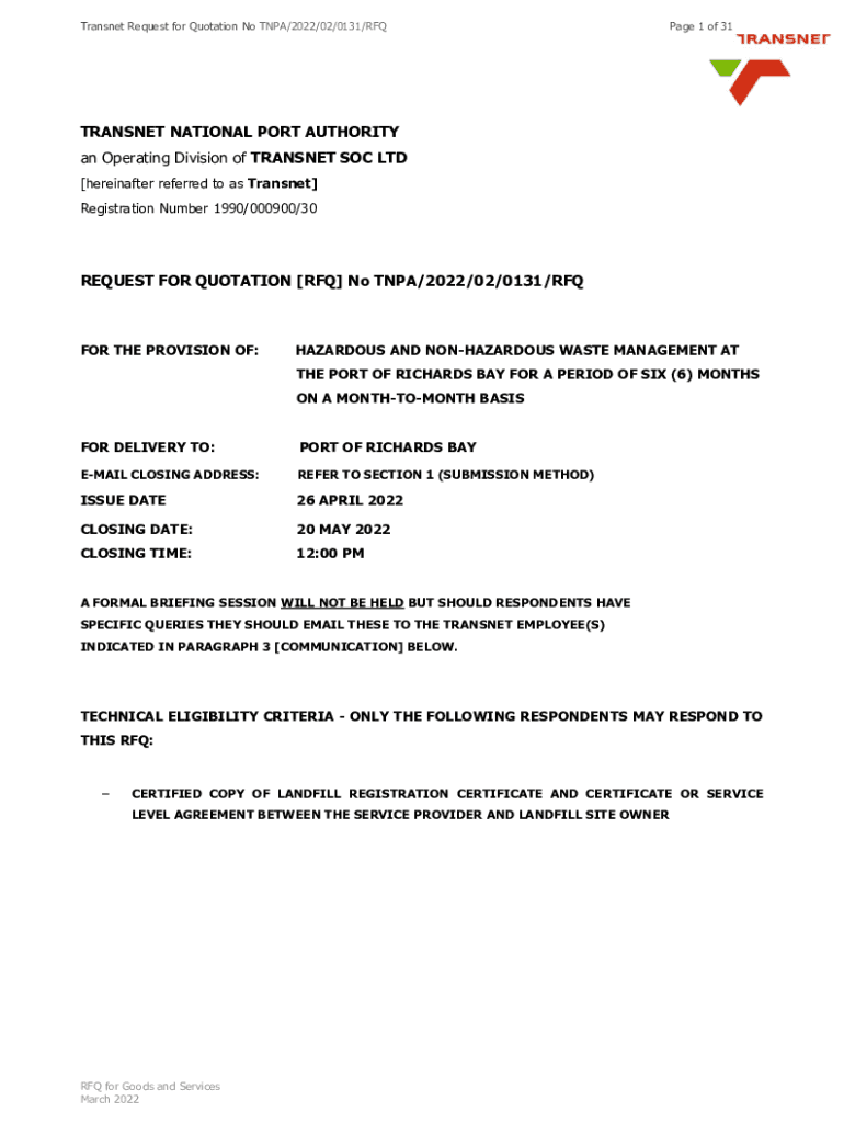 Fillable Online Transnet Request for Quotation No TNPA/2022/02/0131/RFQ Fax Email Print - pdfFiller
