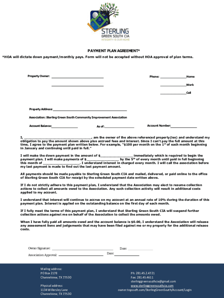 Fillable Online PAYMENT PLAN AGREEMENT* Fax Email Print - pdfFiller