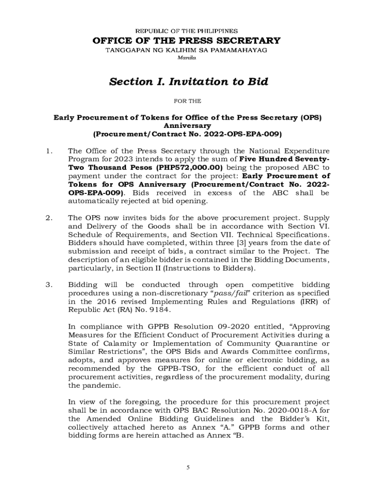 Fillable Online Early Procurement of Tokens for Office of the Press ...