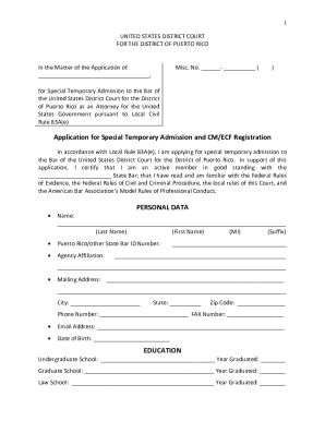 Fillable Online Application for Special Temporary Admission and CM/ECF ...