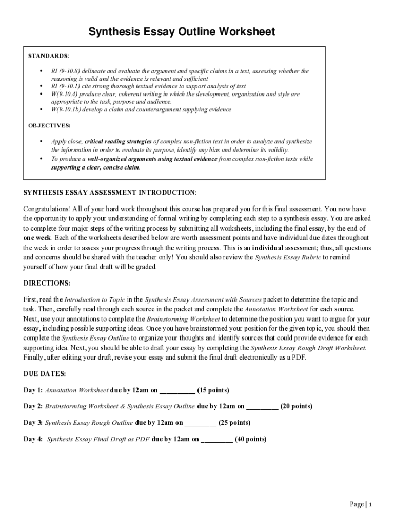 Fillable Online Synthesis Essay Outline WorksheetPDF Sample. Synthesis ...
