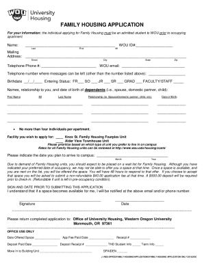Fillable Online APPLICATION FOR STUDENT FAMILY HOUSING AT Fax Email ...