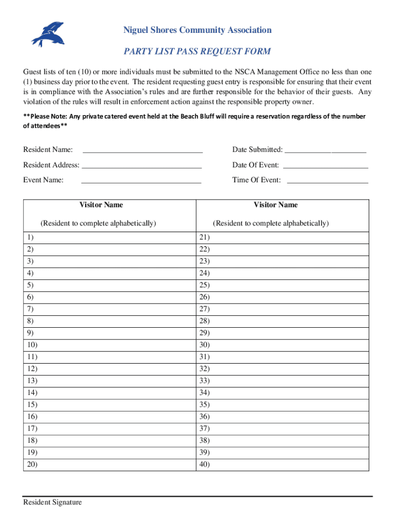 Fillable Online Party List Pass Request Form Fax Email Print - pdfFiller