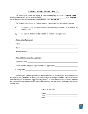 Fillable Online Earnest Money Deposit Receipt Form. Earnest Money ...