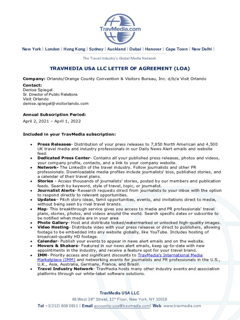 Fillable Online TRAVMEDIA USA LLC LETTER OF AGREEMENT (LOA) Fax Email ...