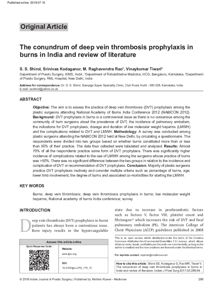 Fillable Online The conundrum of deep vein thrombosis prophylaxis in burns ... Fax Email Print ...