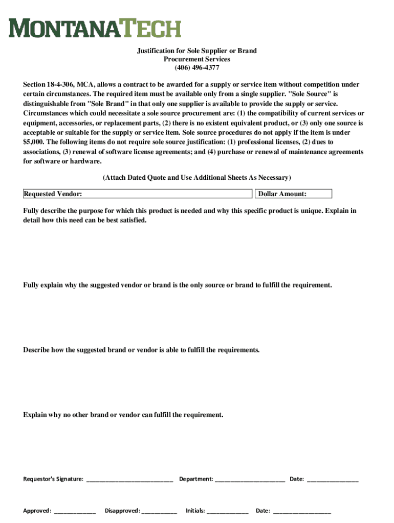 Fillable Online justification for sole supplier or brand procurement ...