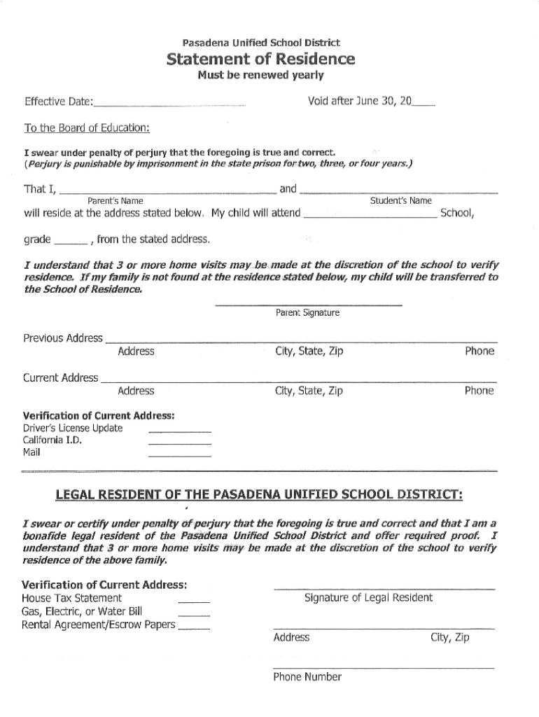 Fillable Online Statement of Residence Must be renewed yearly Fax Email ...