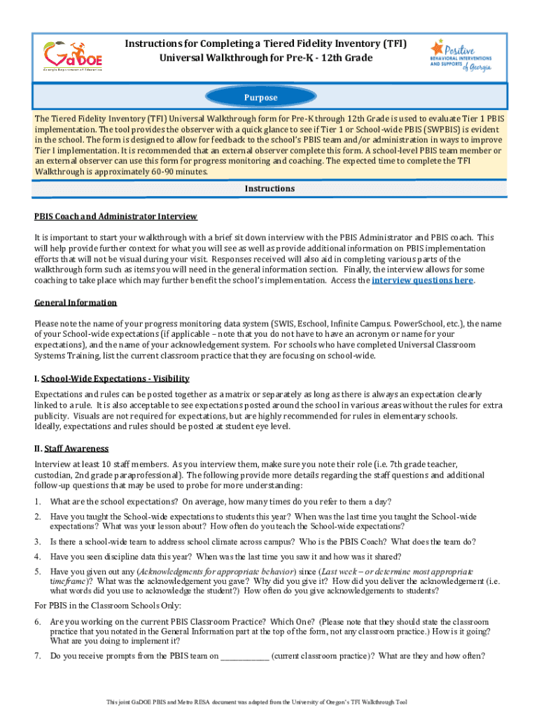 Fillable Online Instructions for Completing a Tiered Fidelity Inventory ...