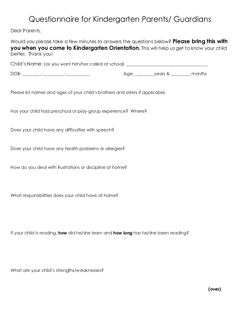 Fillable Online Questionnaire for Kindergarten Parents Fax Email Print ...