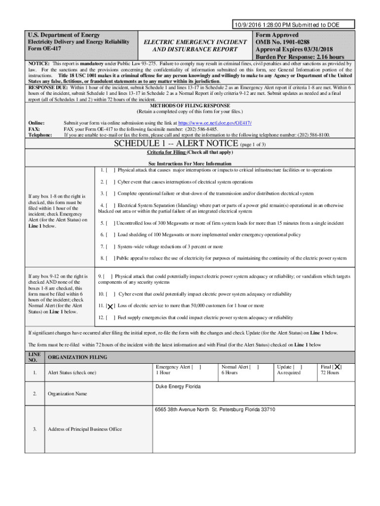 Fillable Online Form OE-417 Electric Emergency Incidence and ...