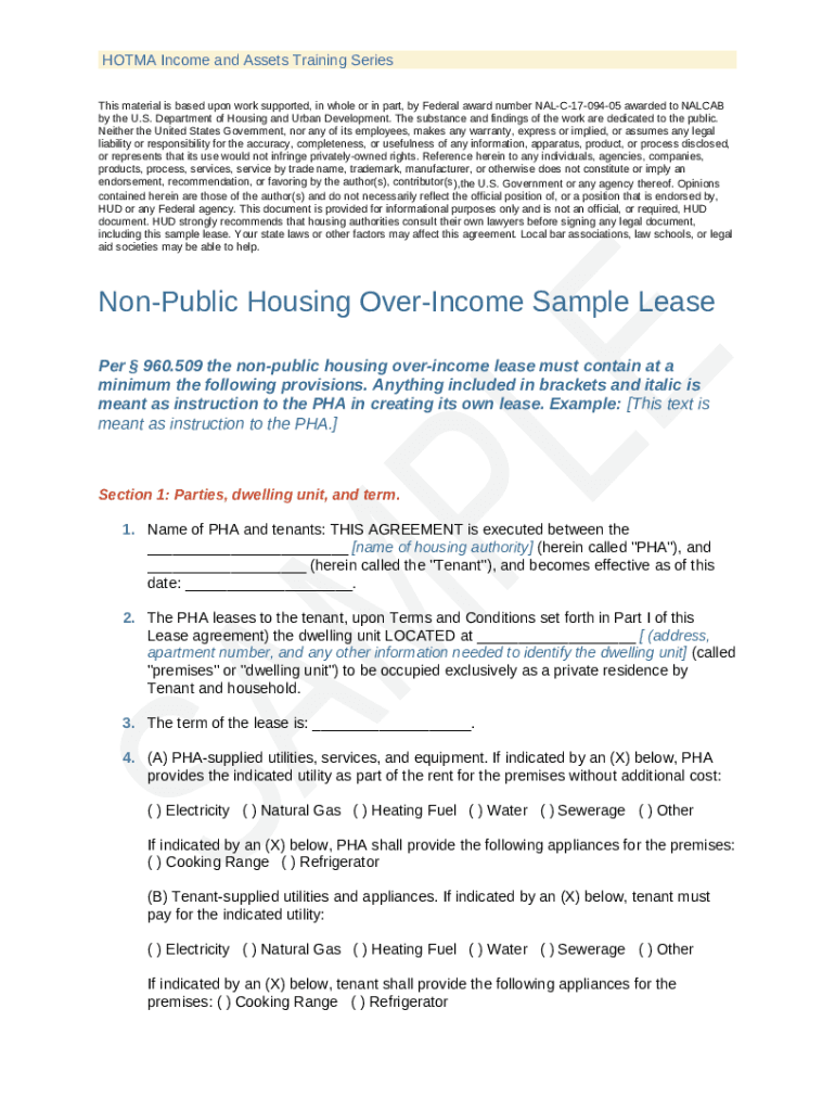 HOTMA Sample Non-Public Housing Over Income Lease Doc Template | pdfFiller