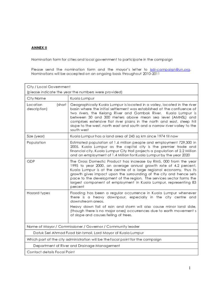 Fillable Online ANNEX II Nomination form for cities and local ...