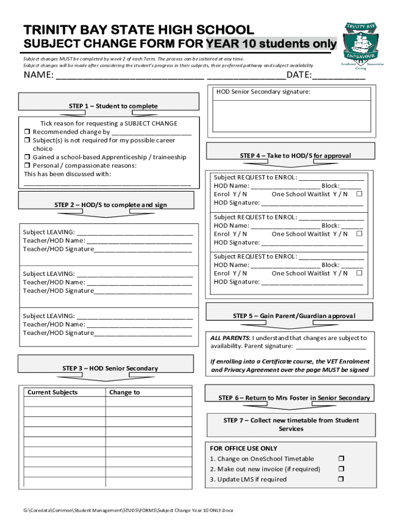 Fillable Online trinitybayshs eq edu SUBJECT CHANGE FORM FOR YEAR 10 ...