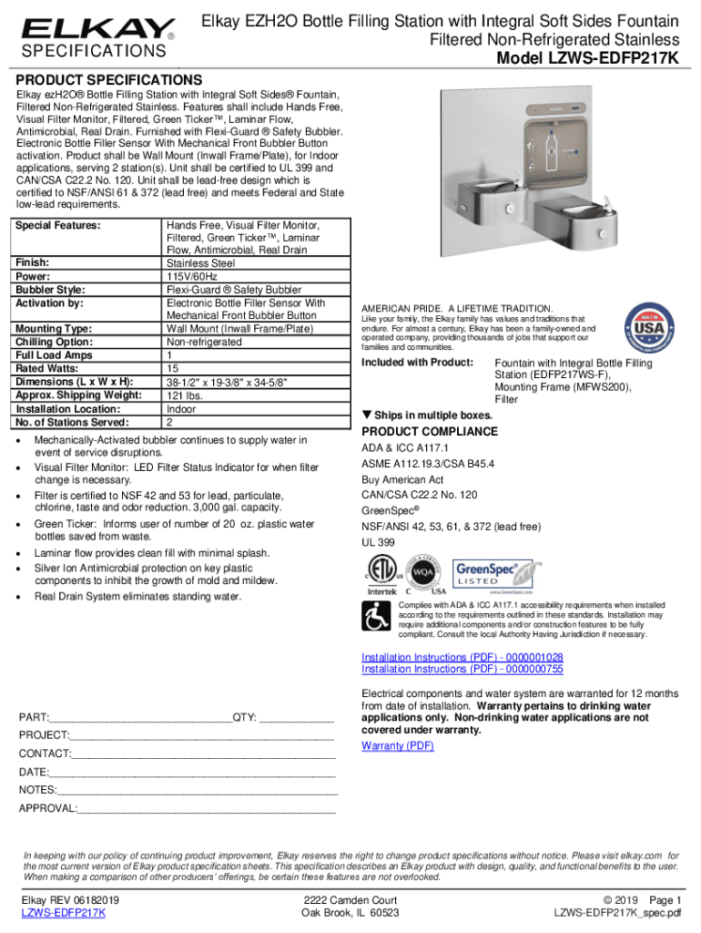 Fillable Online Elkay EZH2O Bottle Filling Station with Integral Soft Sides ... Fax Email Print ...