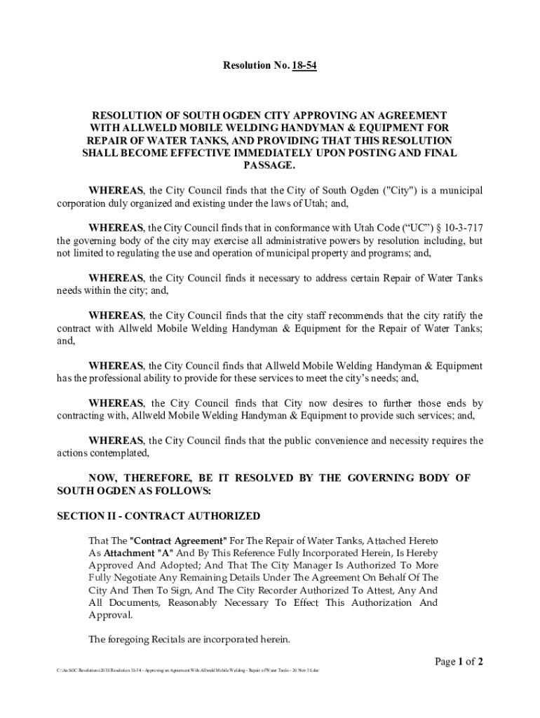 Fillable Online Resolution 18-54 - Approving an Agreement With Allweld ...