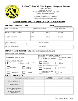 Fillable Online Red Cliff Summer Youth Employment Program Application ...