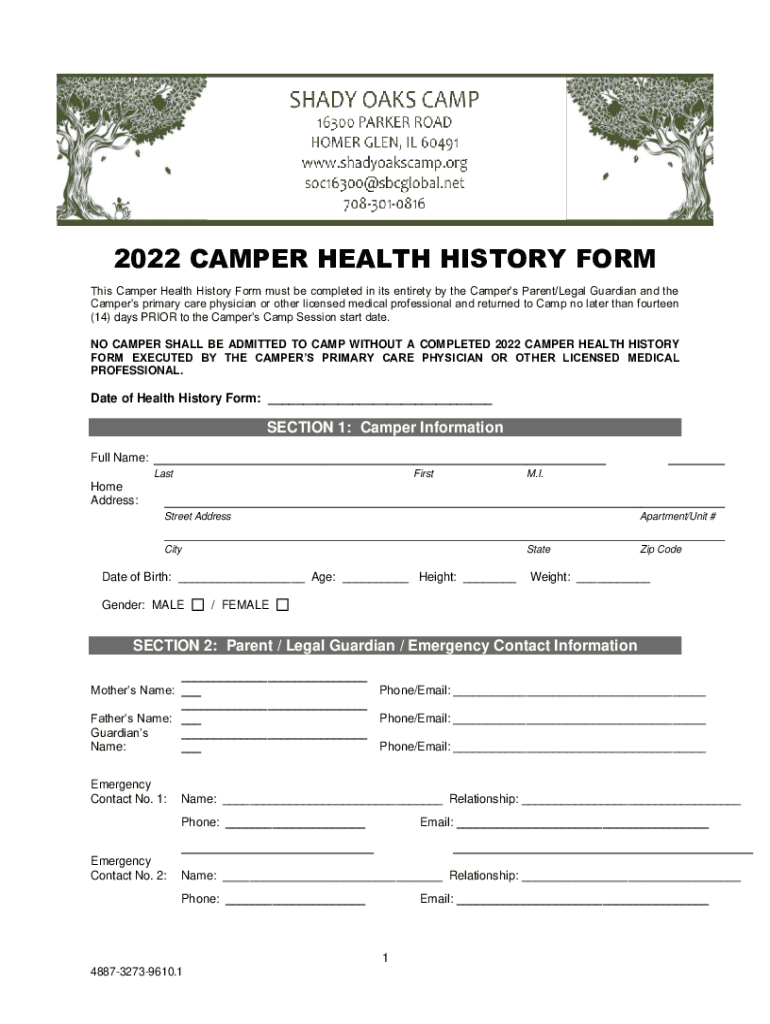 Fillable Online Summer 2022 Camper Health Packet All medical forms are ...
