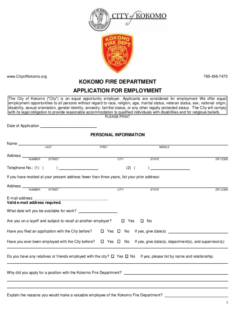 Fillable Online KOKOMO FIRE DEPARTMENT APPLICATION FOR EMPLOYMENT Fax ...