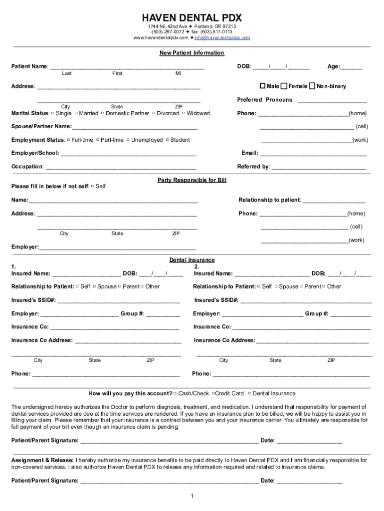 Fillable Online HAVEN DENTAL PDX - Patient Information, Dental & Medical History, and Release of ...
