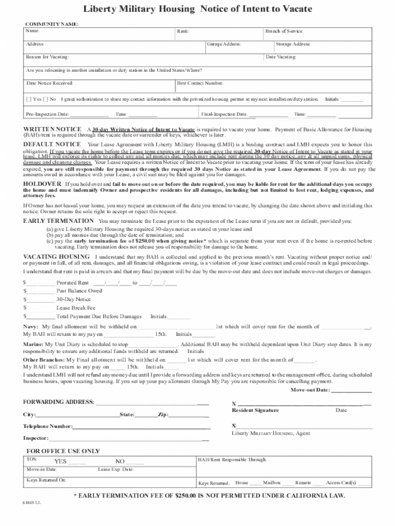 Fillable Online Liberty Military Housing Notice of Intent to Vacate Fax ...
