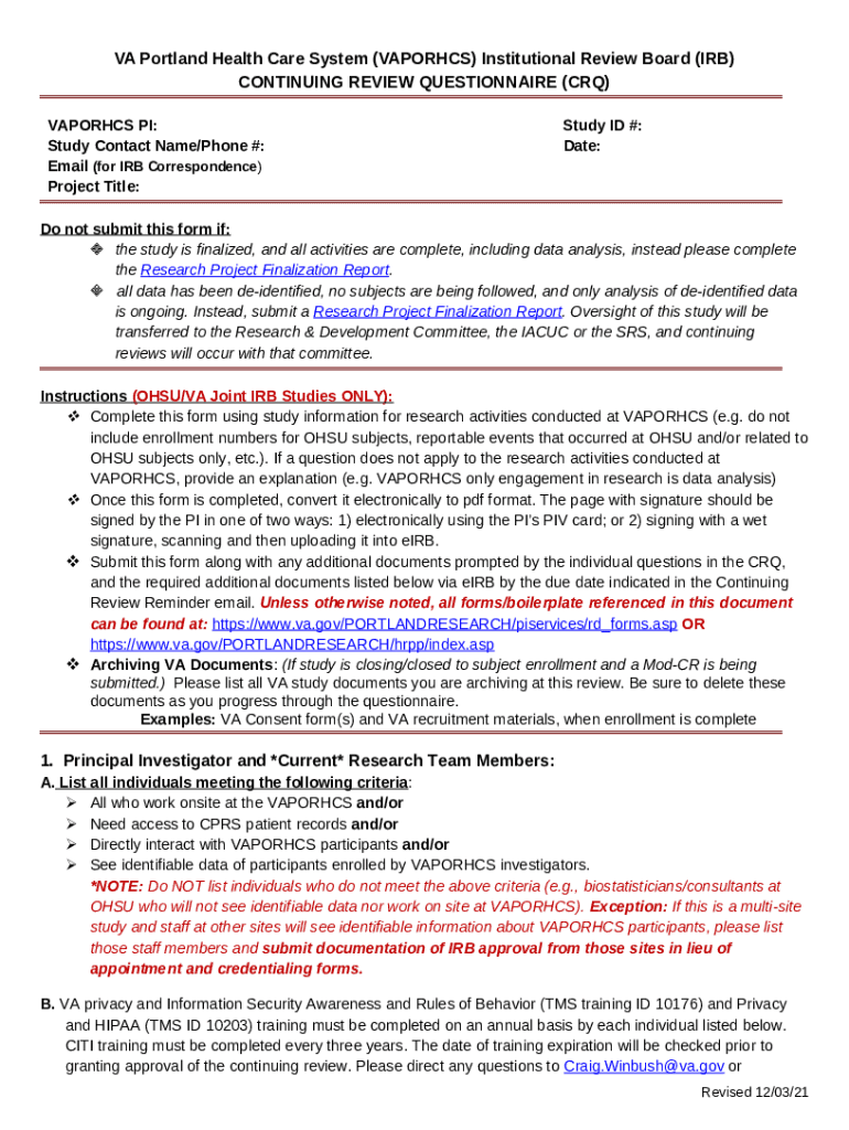Continuing Review Questionnaire (CRQ) (Portland VA Medical Center ...