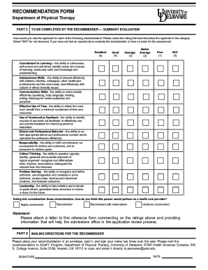 Fillable Online RECOMMENDATION FORM - Department of Physical Therapy Fax Email Print - pdfFiller