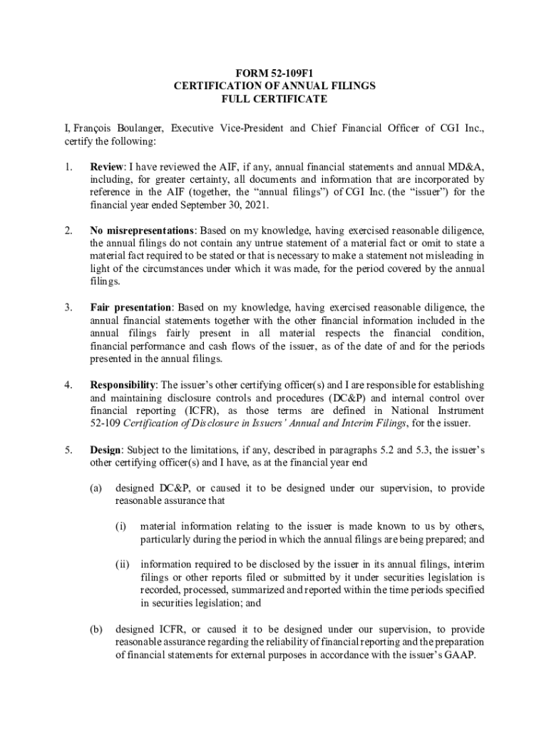 Fillable Online Form 52-109F1 Certification Of Annual Filings Full ...