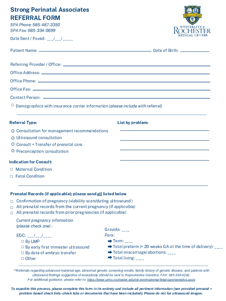 Fillable Online Strong Perinatal Associates REFERRAL FORM Fax Email ...