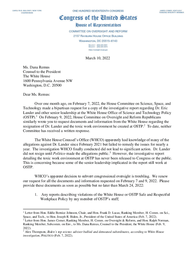 Fillable Online oversight house Letter from Dana A. Remus, Counsel to ...