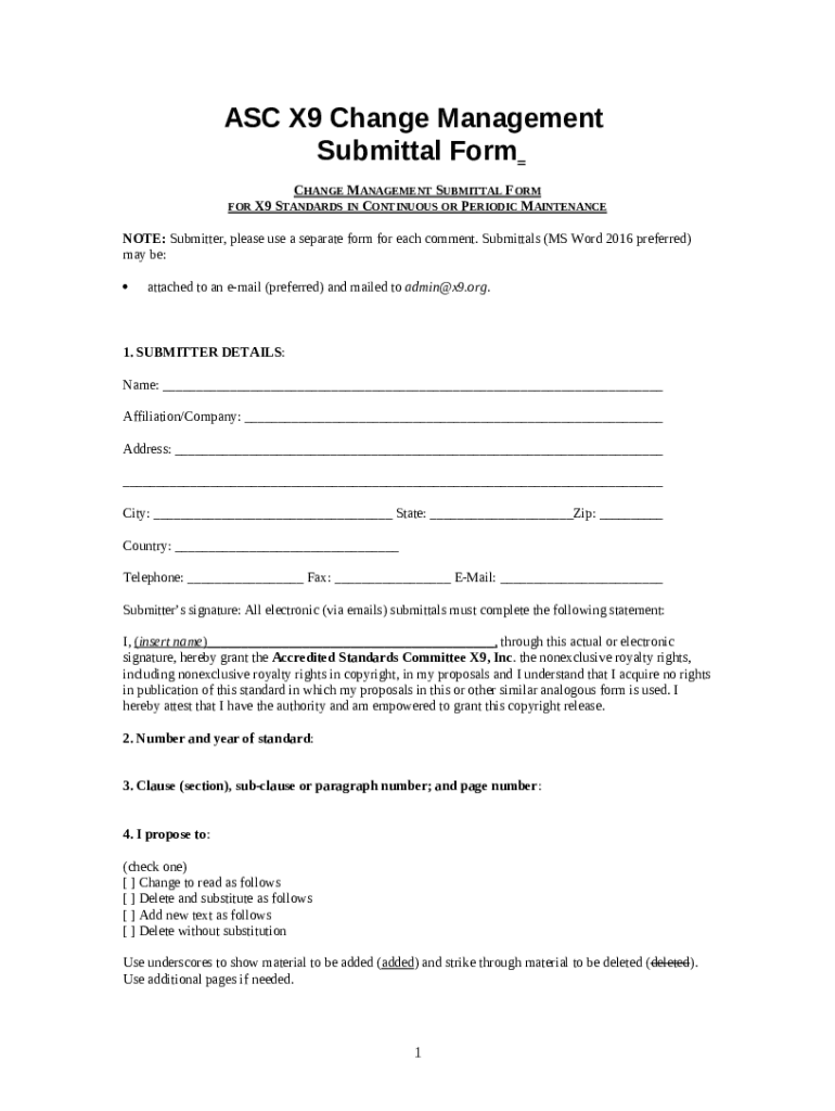 ASC X9 Change Management Submittal Doc Template | pdfFiller