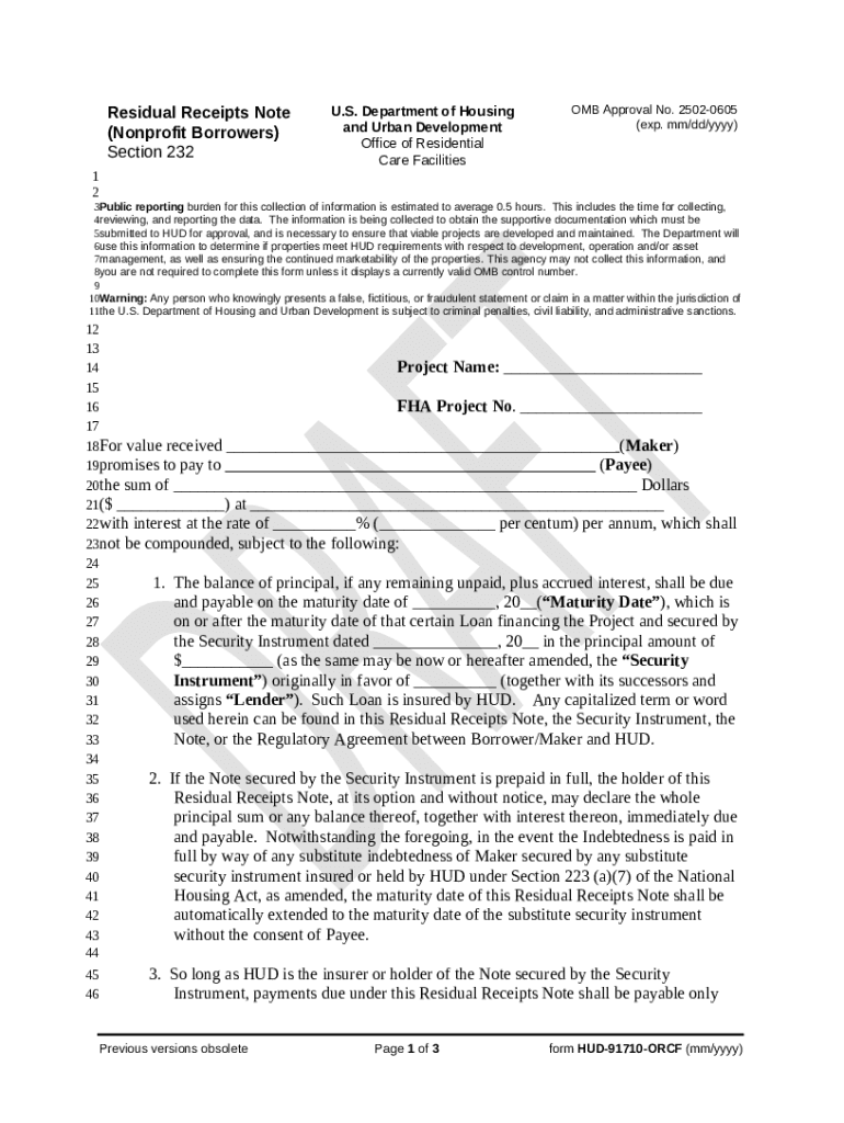Residual Receipts Note (Nonprofit Borrowers) Section 232 Doc Template ...
