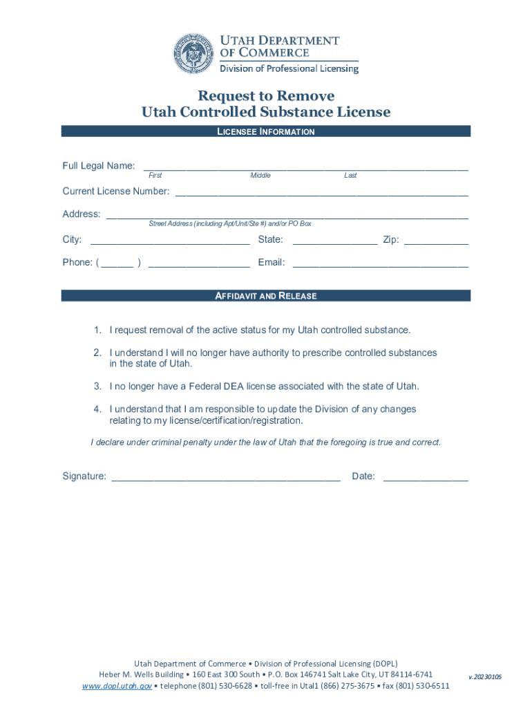 Fillable Online dopl utah Request to Remove Utah Controlled Substance ...