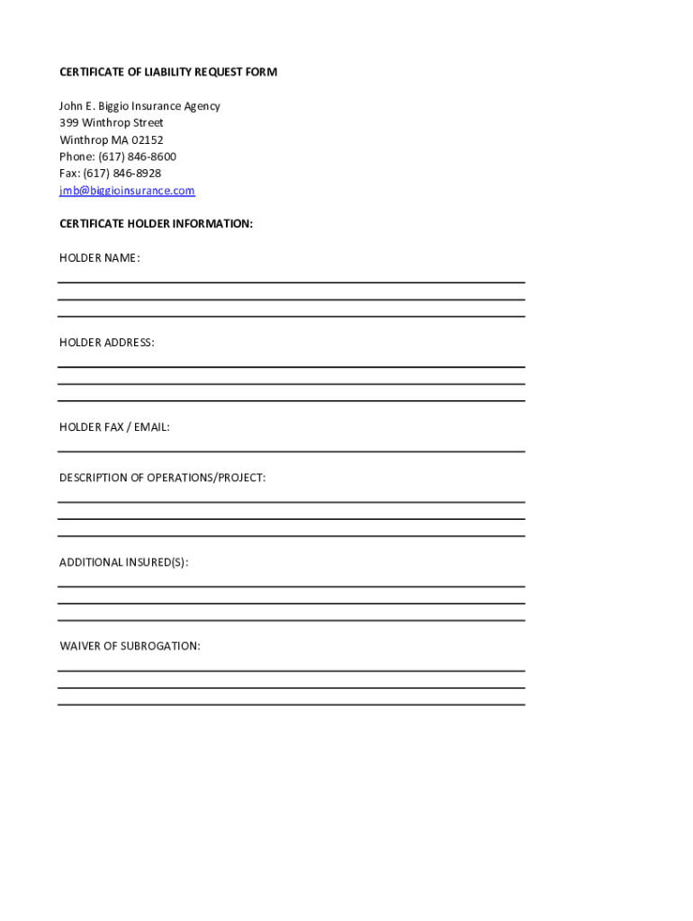 Fillable Online COI REQUEST FORM.xlsx Fax Email Print - pdfFiller