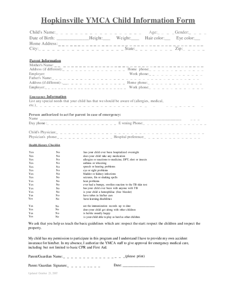 Fillable Online Hopkinsville YMCA Child Information Form Fax Email Print - pdfFiller