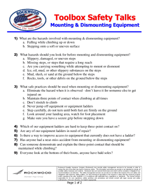 Fillable Online Toolbox Safety Talks - Mounting & Dismounting Equipment ...
