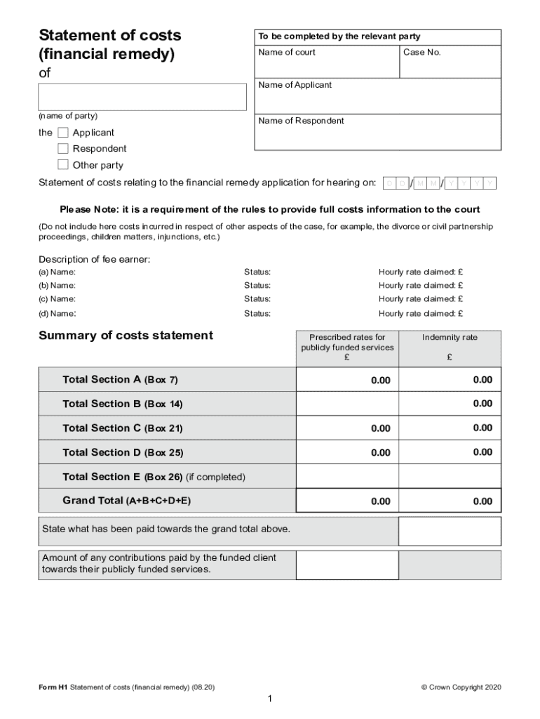 Fillable Online Form H1 Statement of costs (financial remedy) (08.20 ...