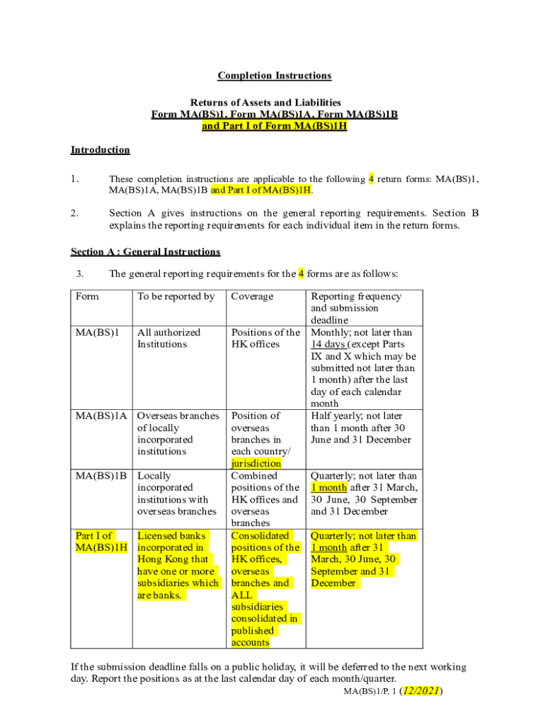 Fillable Online Returns of Assets and Liabilities Form MA(BS)1, Form MA ...