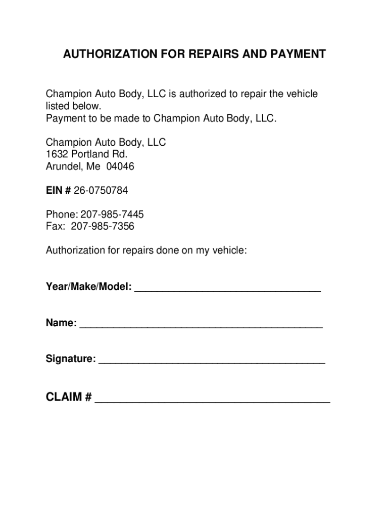 Fillable Online authorization for repairs and payment Fax Email Print ...